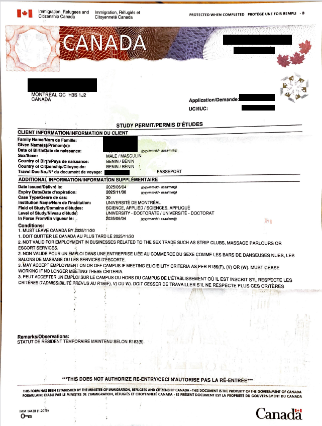 Permis de séjour - Bureau du registraire - Université de Montréal